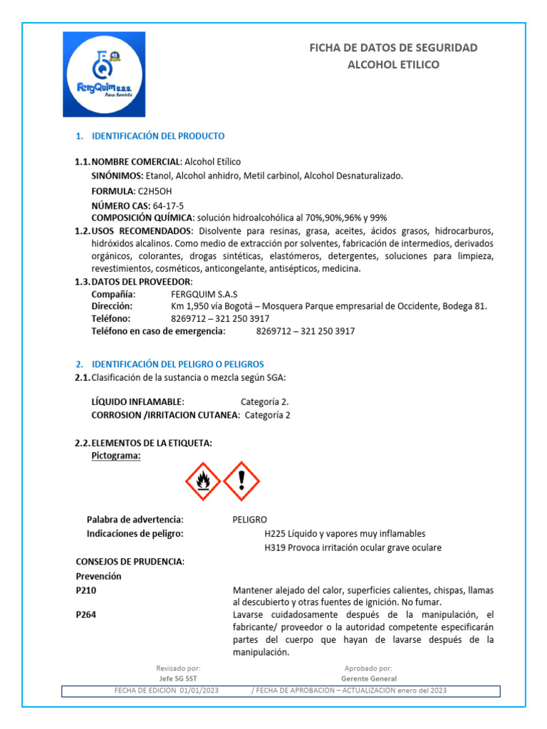 Ficha de Seguridad del Alcohol Etílico | PDF | Agua | Etanol