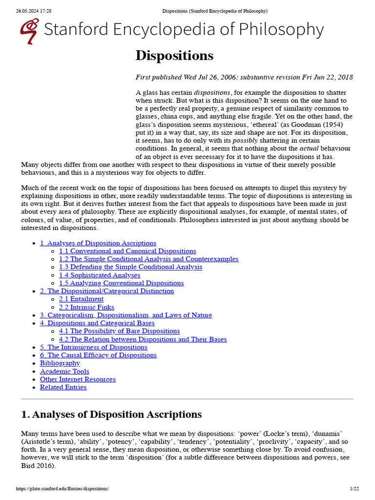 Dispositions (Stanford Encyclopedia of Philosophy) | PDF | Causality | Thought