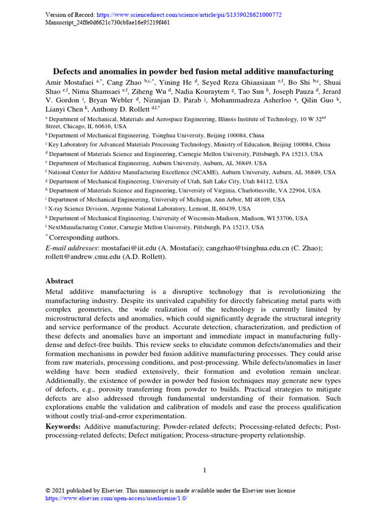 Defects and Anomalies in Powder Bed Fusion Metal Additive Manufacturing ...