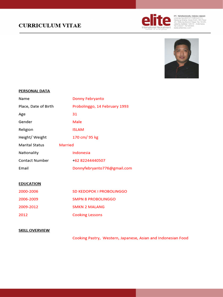 DONNY FEBRYANTO (CV) | PDF | Chef | Menu