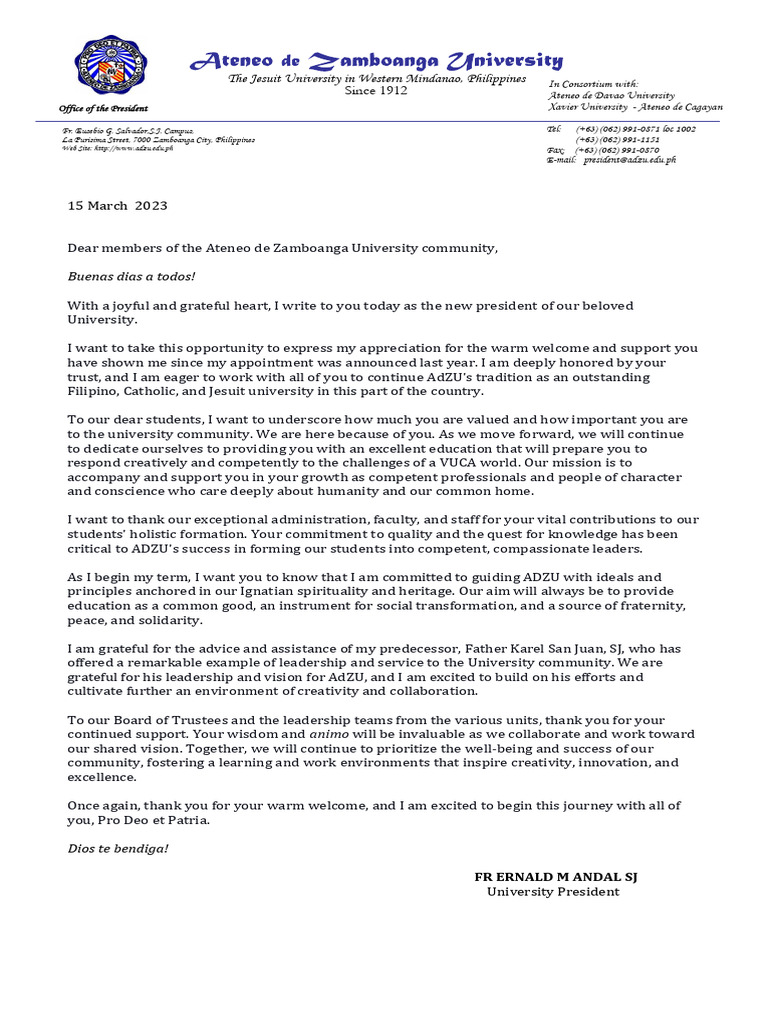 Message From The New AdZU President | PDF | Wellness