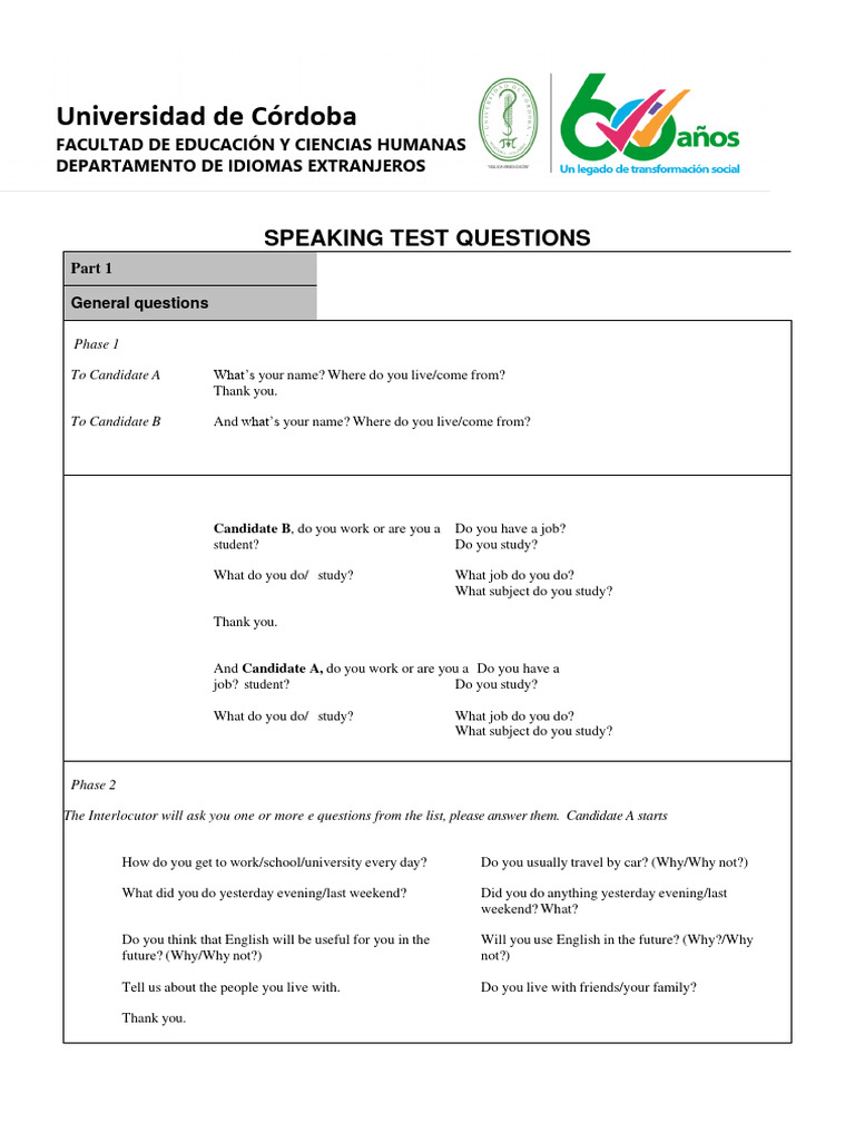 Speaking Test B1 Questions | PDF