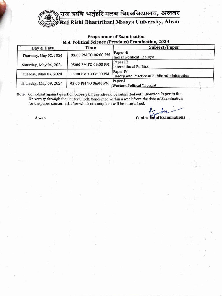 M.A. Political Science Exam Schedule 2024 | PDF