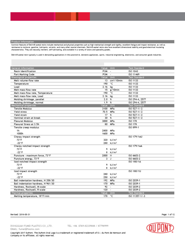 DuPont Delrin 500P NC010 Overview | PDF | Materials Science | Physical ...