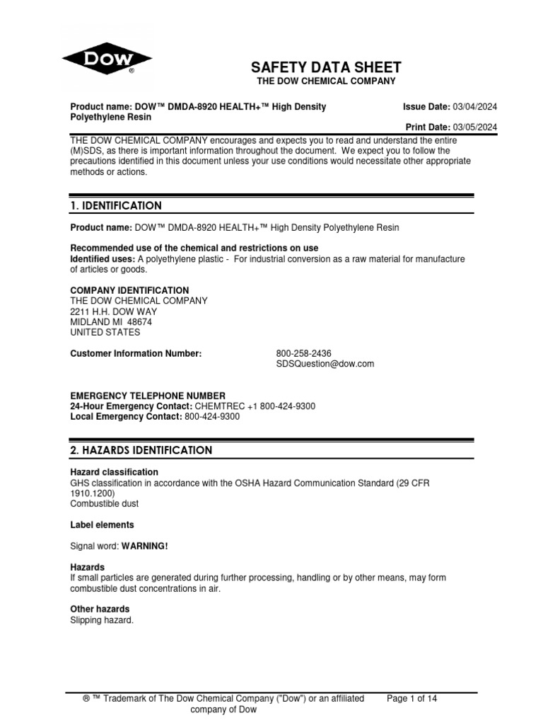 DOW™ DMDA-8920 HEALTH+™ High Density Polyethylene ResinDOW DMDA-8920 ...