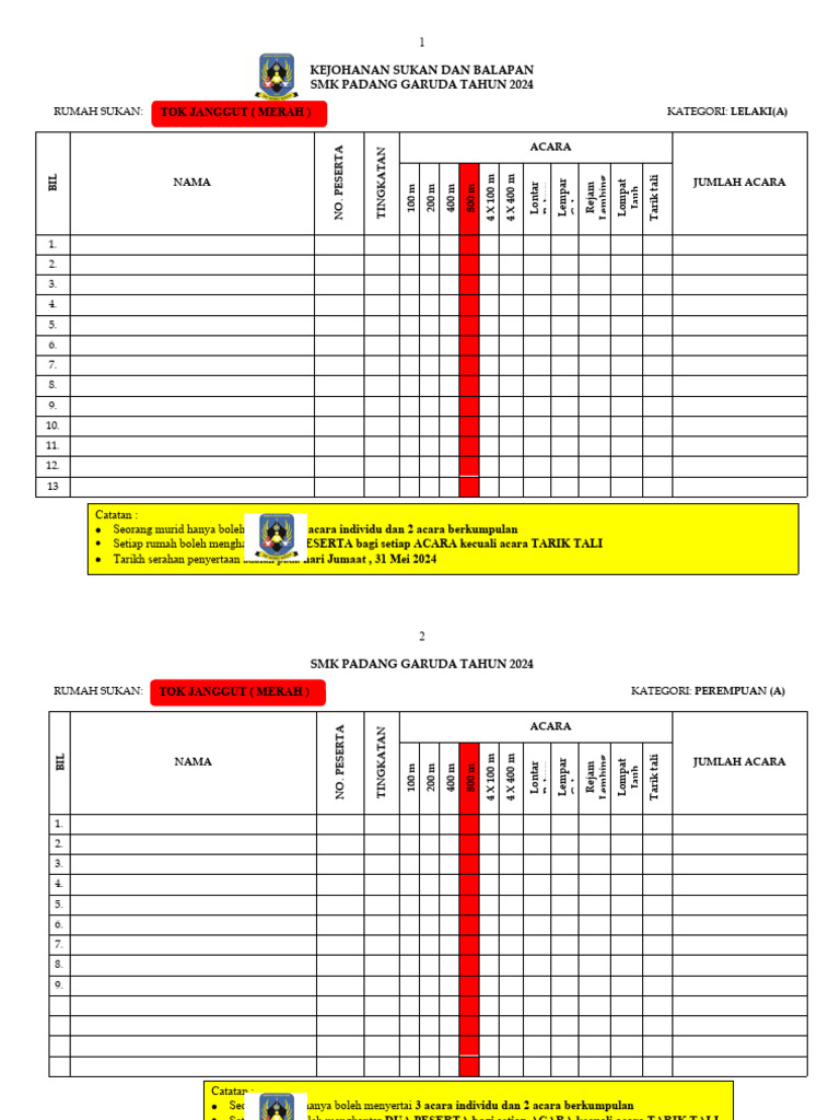 Borang Penyertaan Rumah Sukan 2024 | PDF