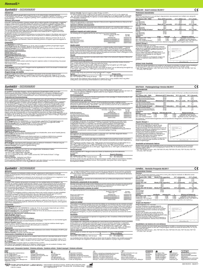 HemosIL SynthASil - En, FR, ES, De, IT, PT Insert Sheet v2017-06 | PDF ...