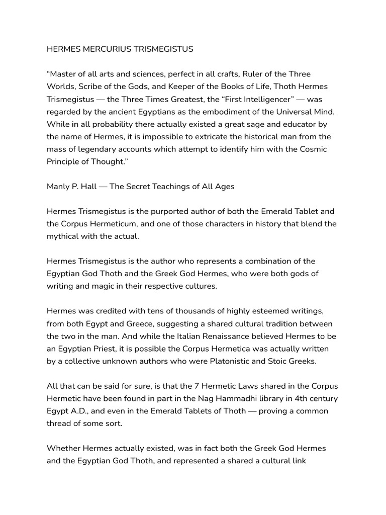 Hermes Trismegistus Founder of Hermeticism and The Seven Hermetic ...
