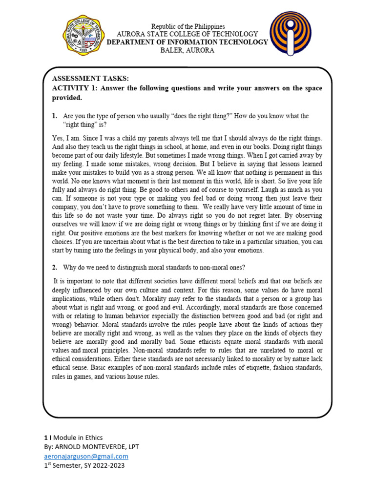 Princess S. Panida BSIT-2 Block-D (Activity No.1) GE 8 | PDF | Morality | Social Psychology