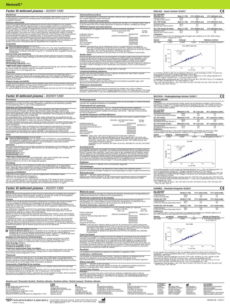HemosIL Factor XI Deficient Plasma 0020011300 | PDF | Coagulation | Blood