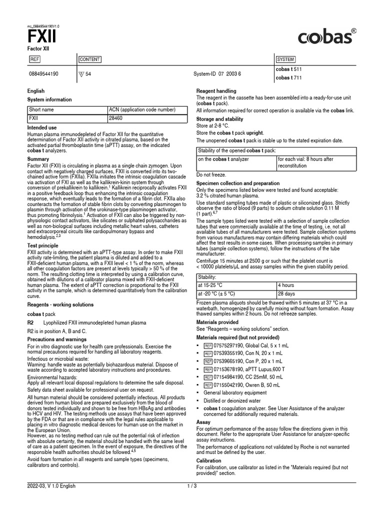 FXII Roche | PDF | Coagulation | Blood Plasma