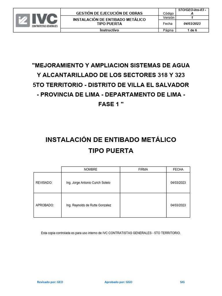 5TO-GEO-Ins-03-A INSTALACION DE ENTIBADO METALICO TIPO PUERTA REV2 | PDF
