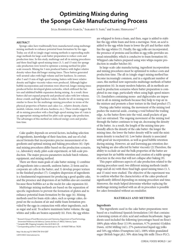 Optimizing Mixing During The Sponge Cake Manufactu | PDF | Cakes | Density