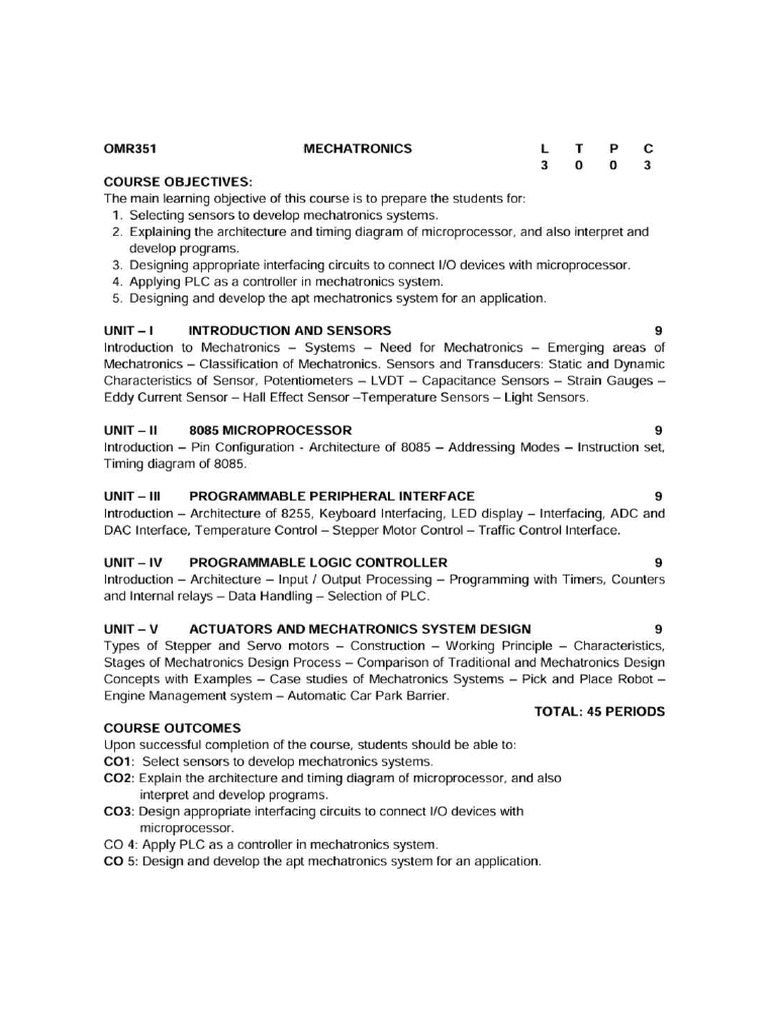 Mechatronics - Syllabus | PDF Mechatronics - Syllabus | PDF