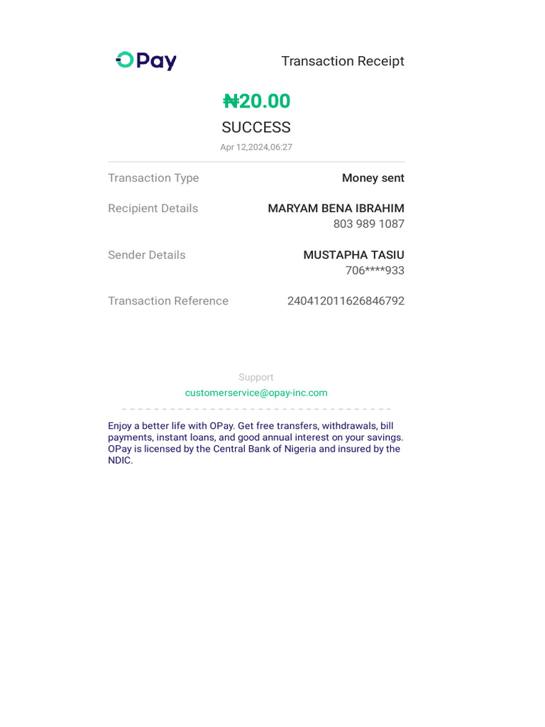 Successful OPay Transaction Receipt | PDF | Finance & Money Management
