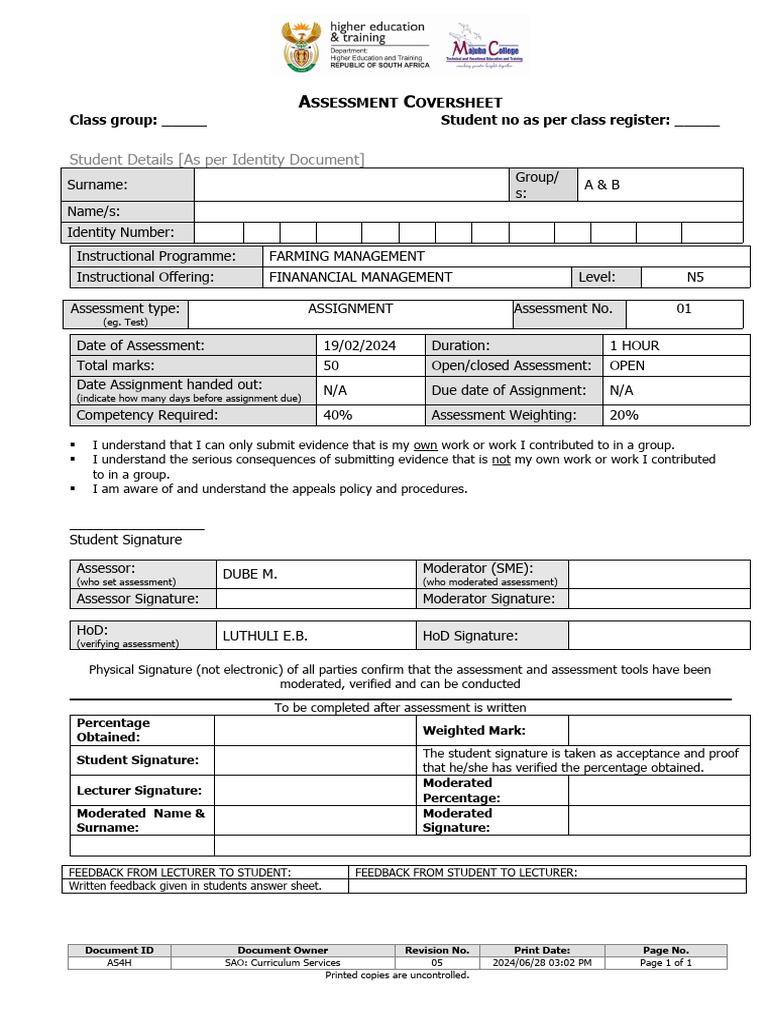 AS4H Assessment Coversheet (VN) T - 05 | PDF