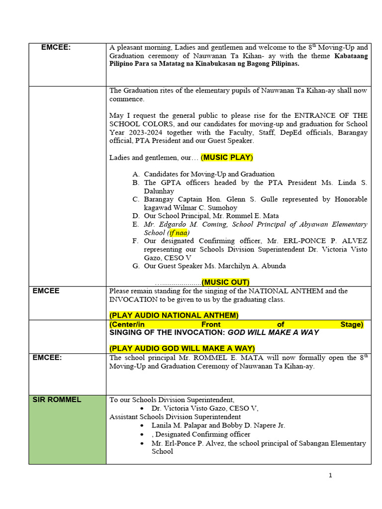 Graduation Script and Flow 2023 Emcee | PDF