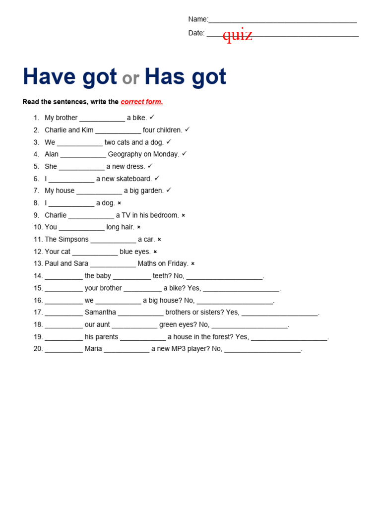 Have Got or Has Got QUIZ - Starter Level | PDF