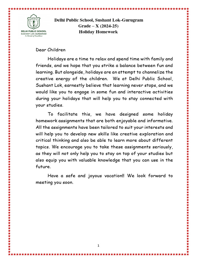 Grade X Holiday Homework | PDF | Homework