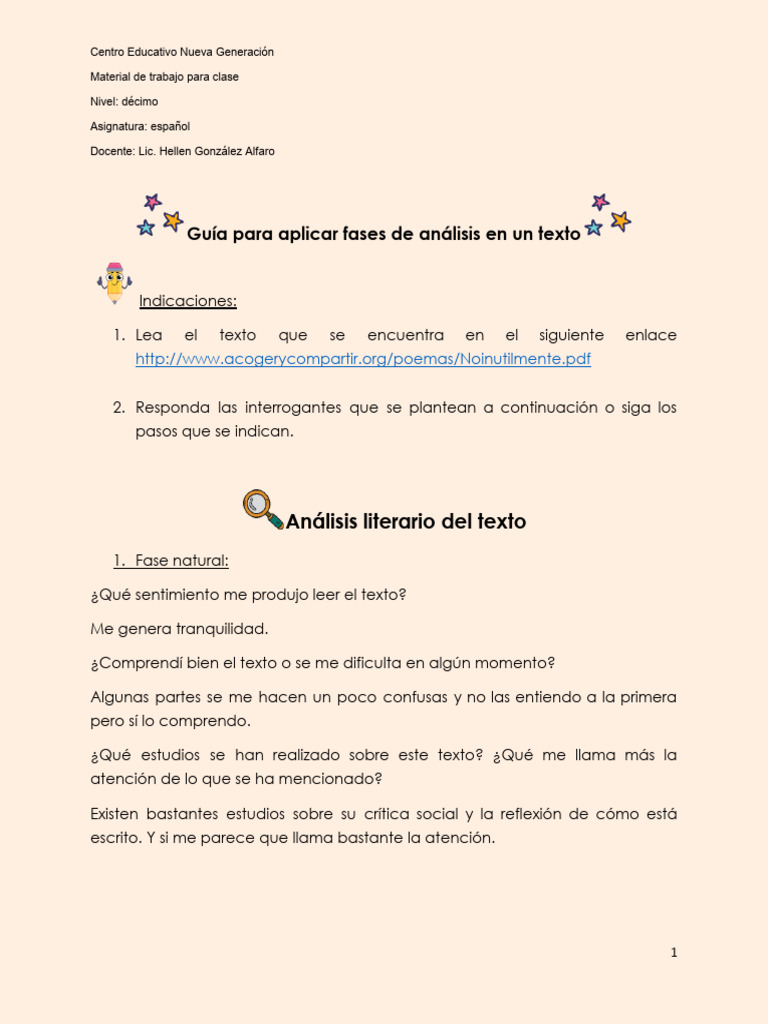 Guía para Aplicar Fases de Análisis en Un Texto Literario 10º | PDF ...