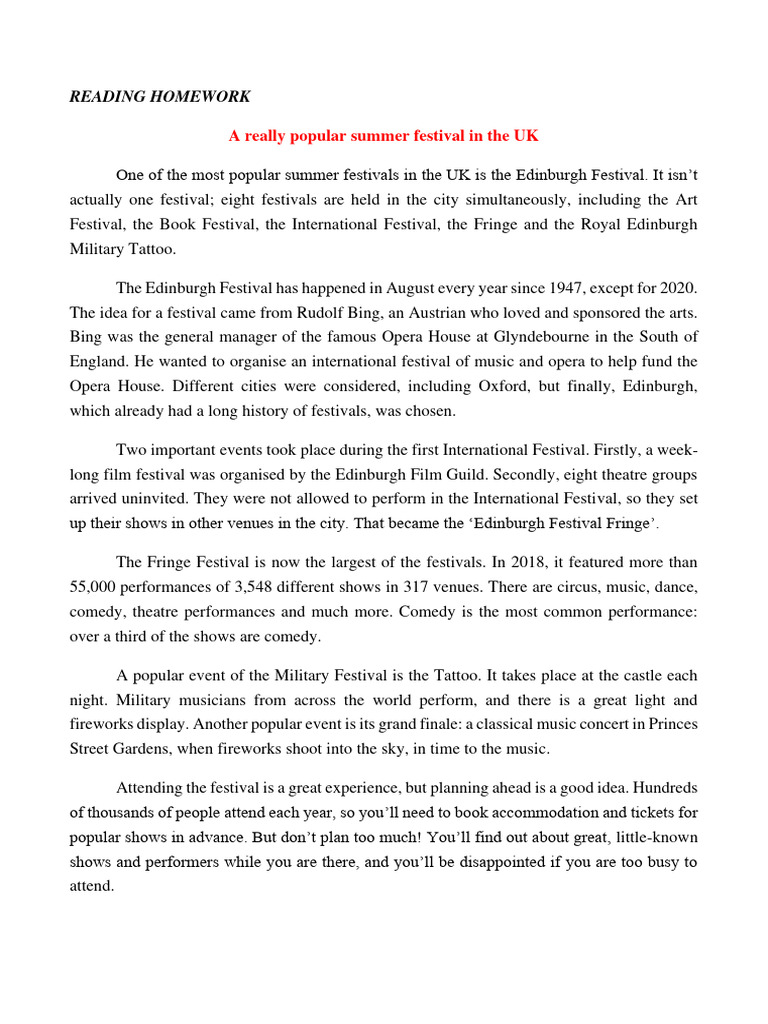 Reading Homework | PDF | Edinburgh | Performing Arts