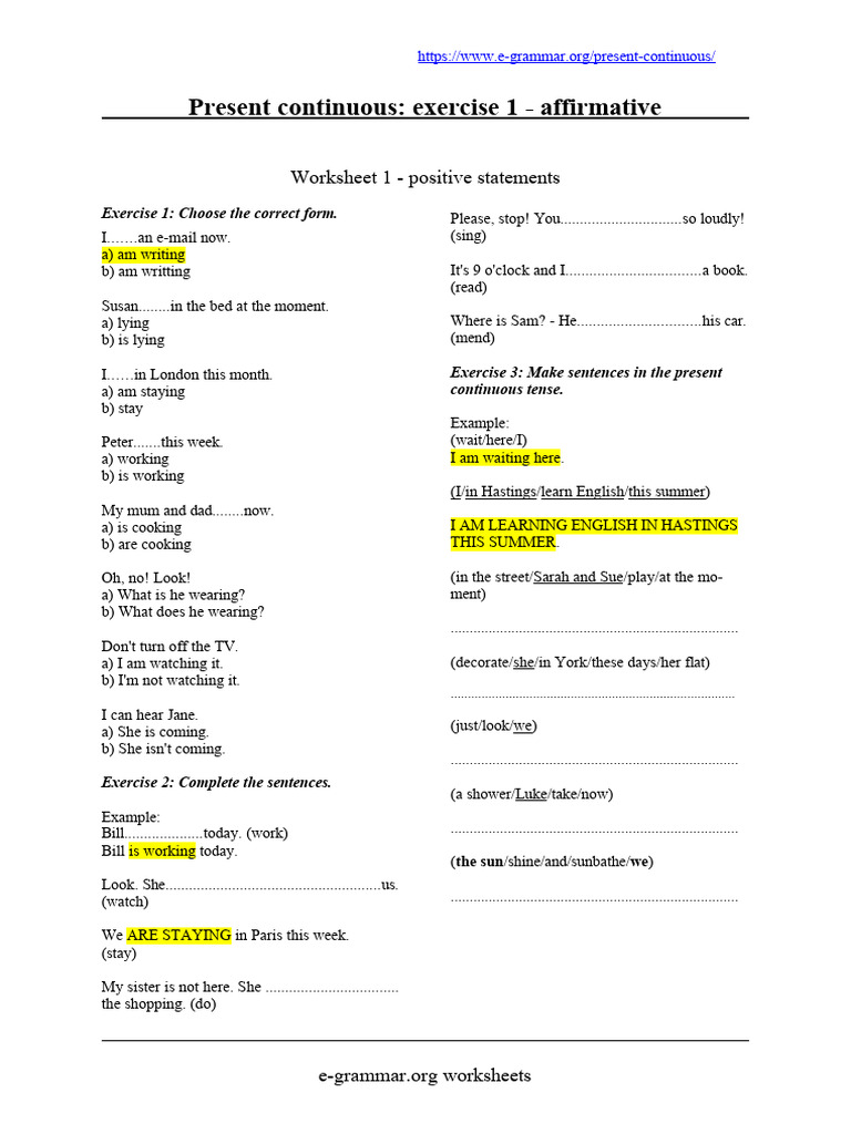 Present Continuous Exercises Worksheet | PDF