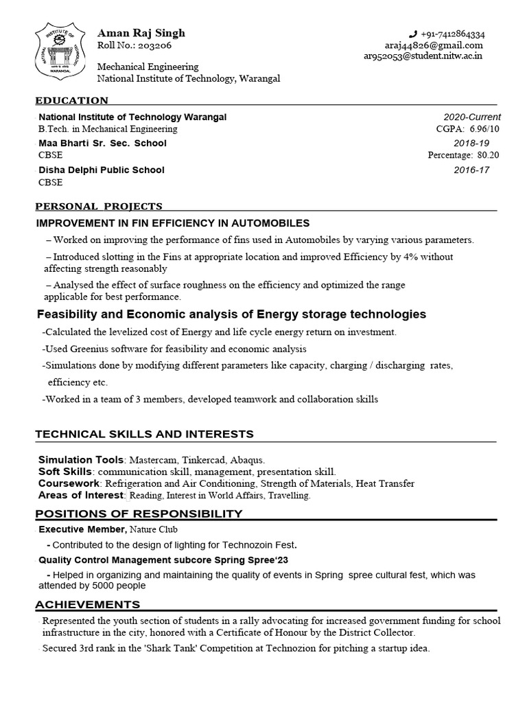 Aman Resume | PDF | Mechanical Engineering | Engineering