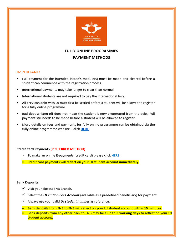 UJ Online Fee Payment Methods | PDF | Payments | Credit Card