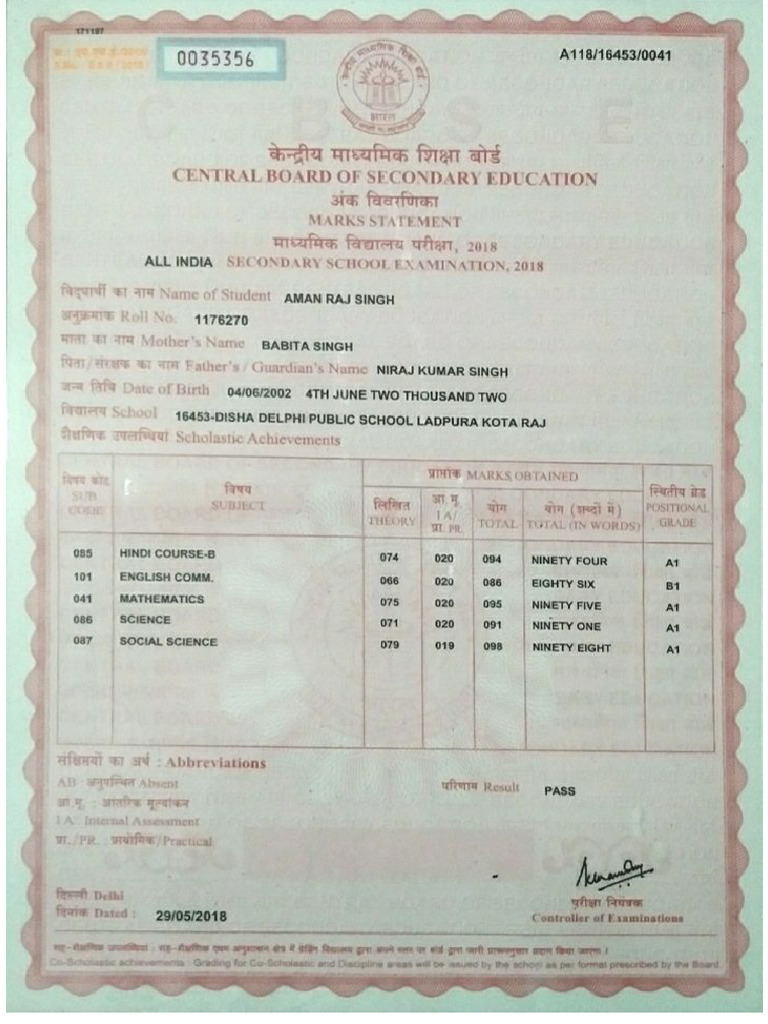Class 10 Marksheet | PDF