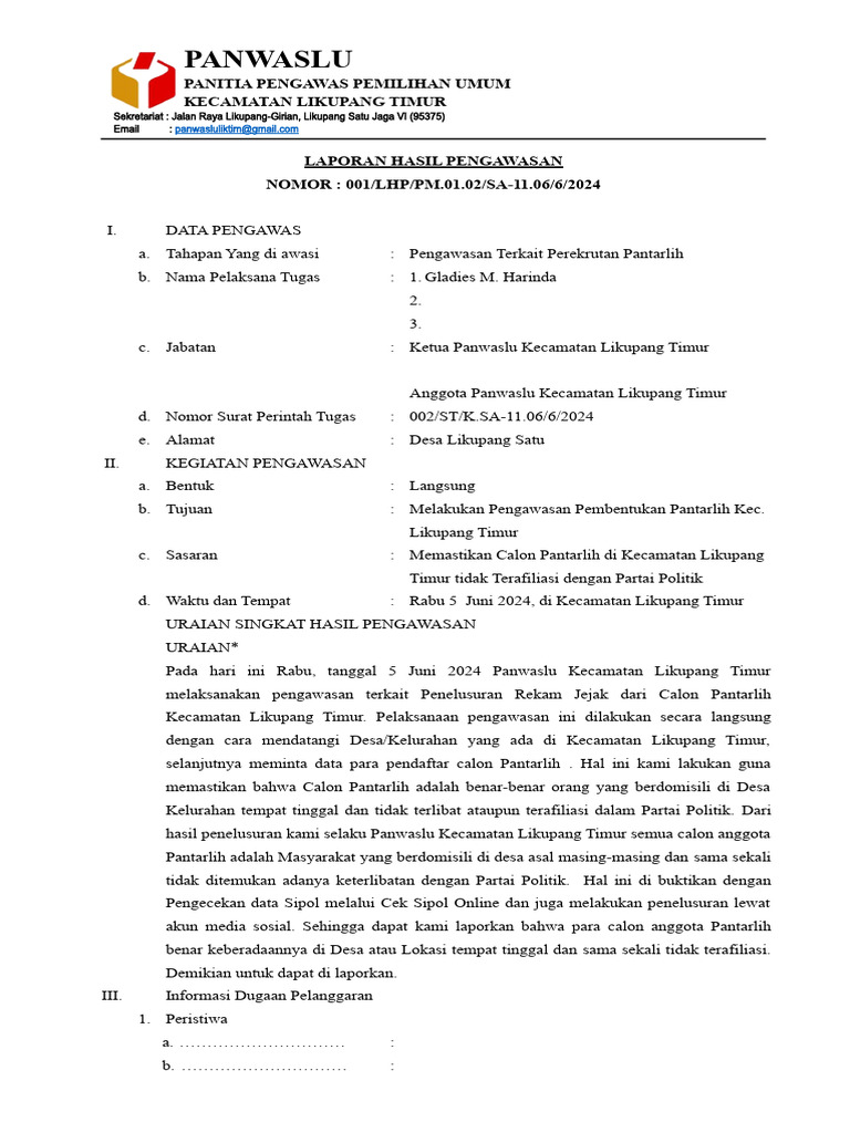 Contoh LHP Pengawasan Perekrutan Pantarlih | PDF