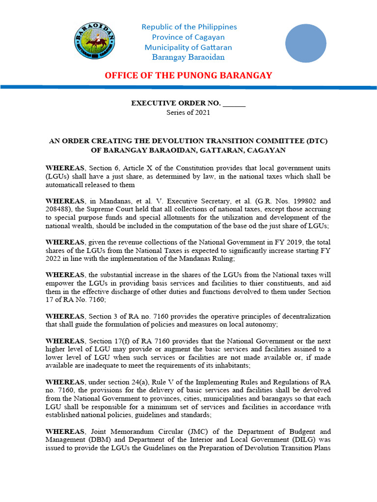 EO Barangay-DTC | PDF | Local Government | Political Charters