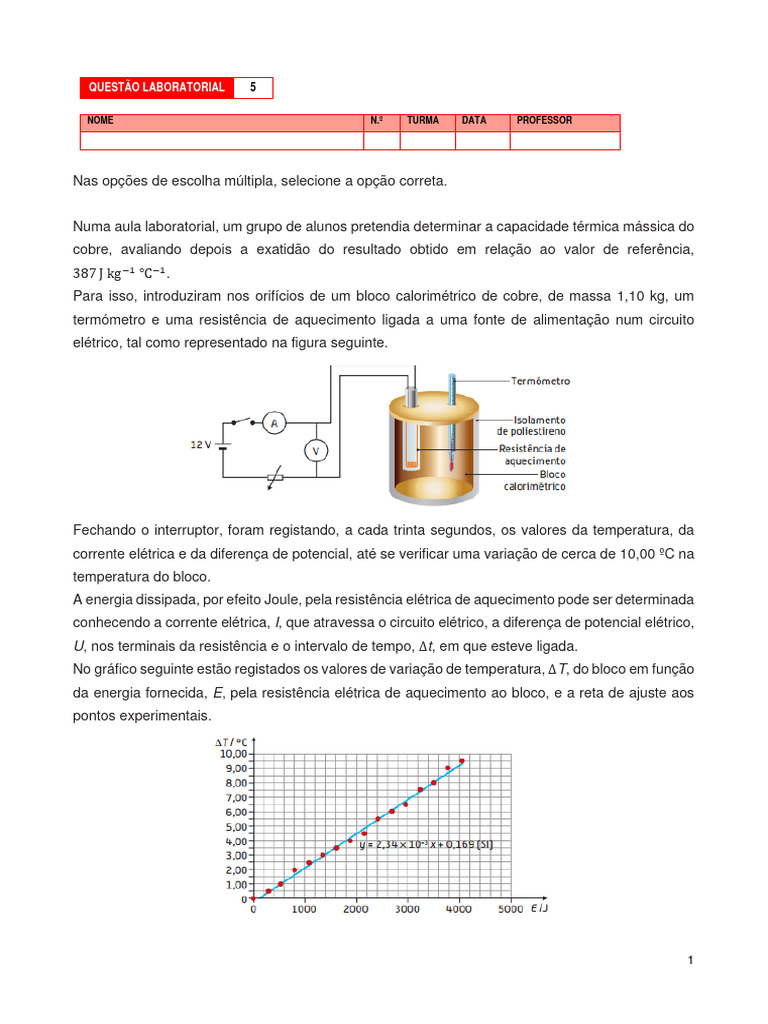Ficha e exploração da AL.5- Capacidade térmica mássica | PDF ...
