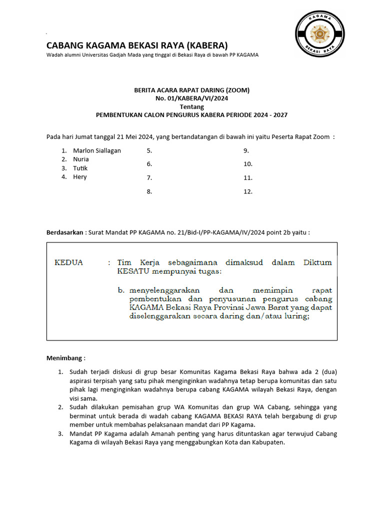 Draft Berita Acara Rapat Cabang Bekasi 21 Juni 2024 | PDF