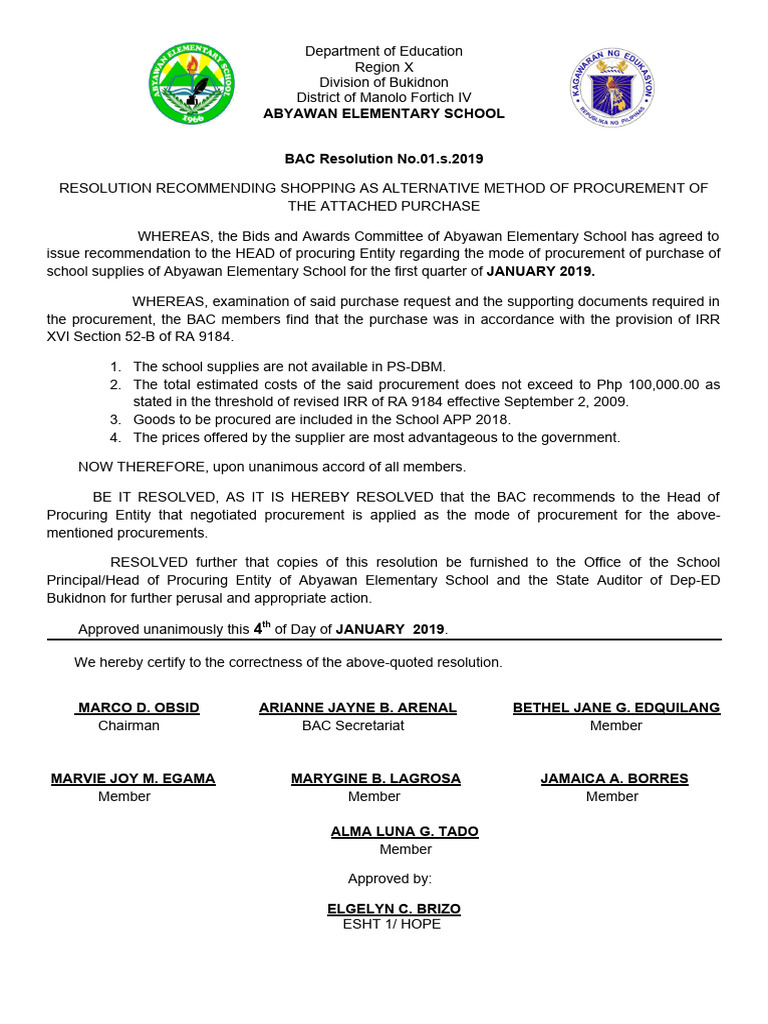 BAC RESOLUTION Tools 2019 | PDF | Procurement