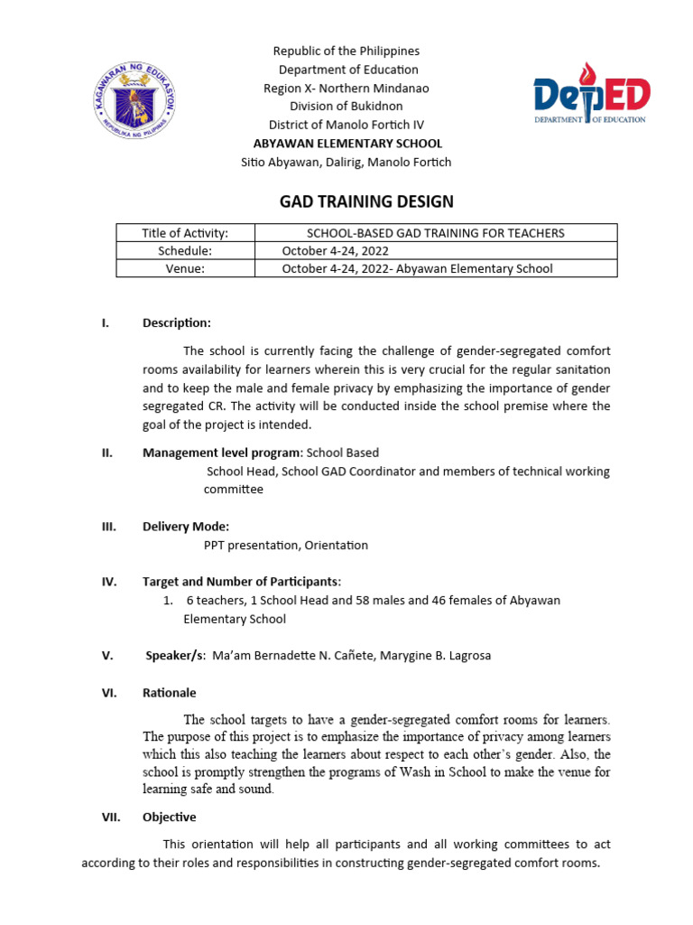 GAD Training Design and Matrix 2022 | PDF | Meal