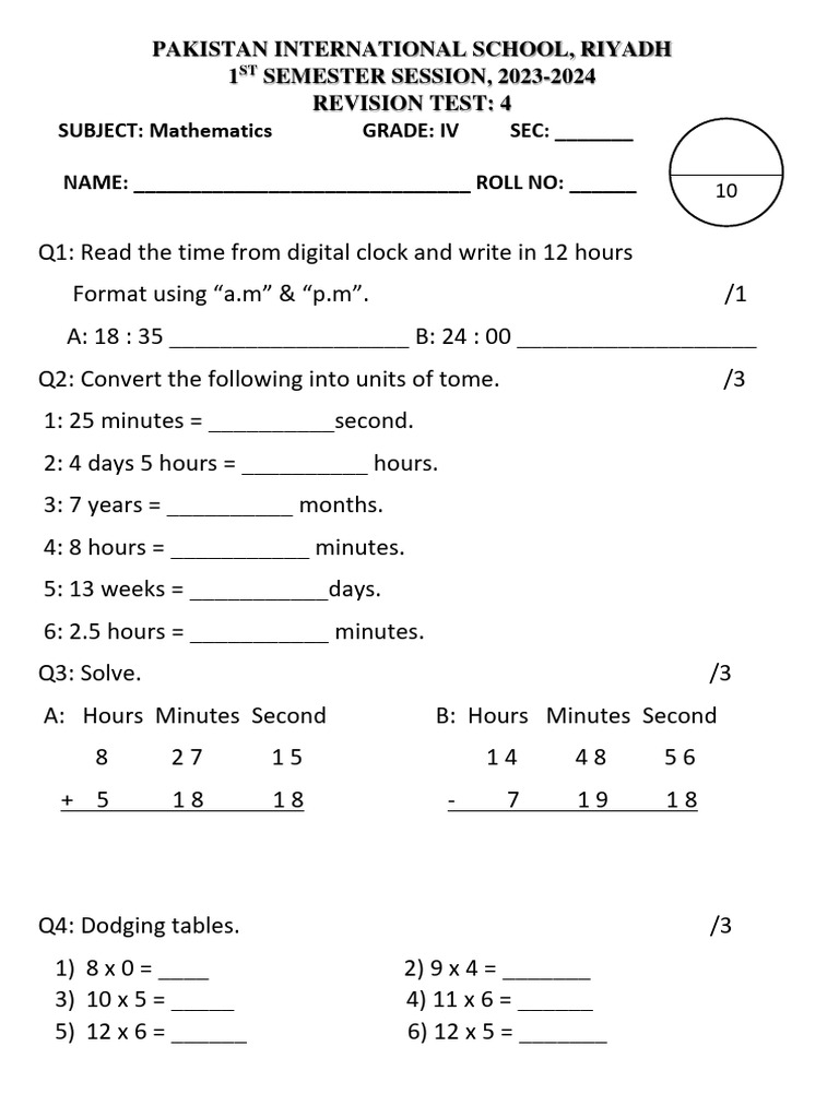 Maths Grade 4 Revision Test - 4 | PDF | Teaching Methods & Materials ...