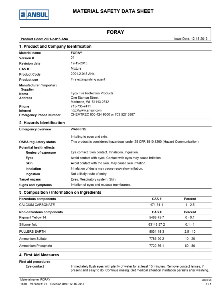 Ansul Foray. Material Safety Data Sheet | Download Free PDF | Resource ...