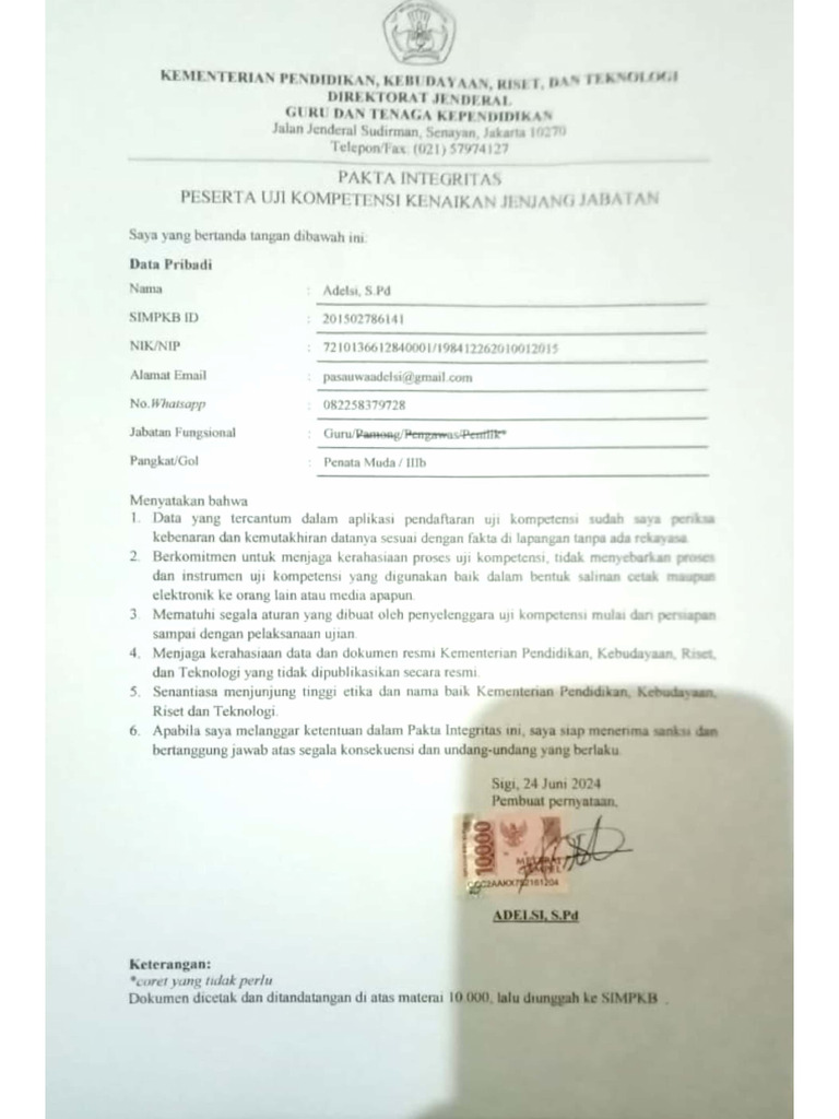 Pakta Integritas Uji Kompetensi | PDF