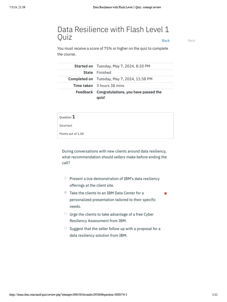 Data Resilience With Flash Level 1 Quiz Attempt Review PDF | PDF | Disaster Recovery | Computer ...