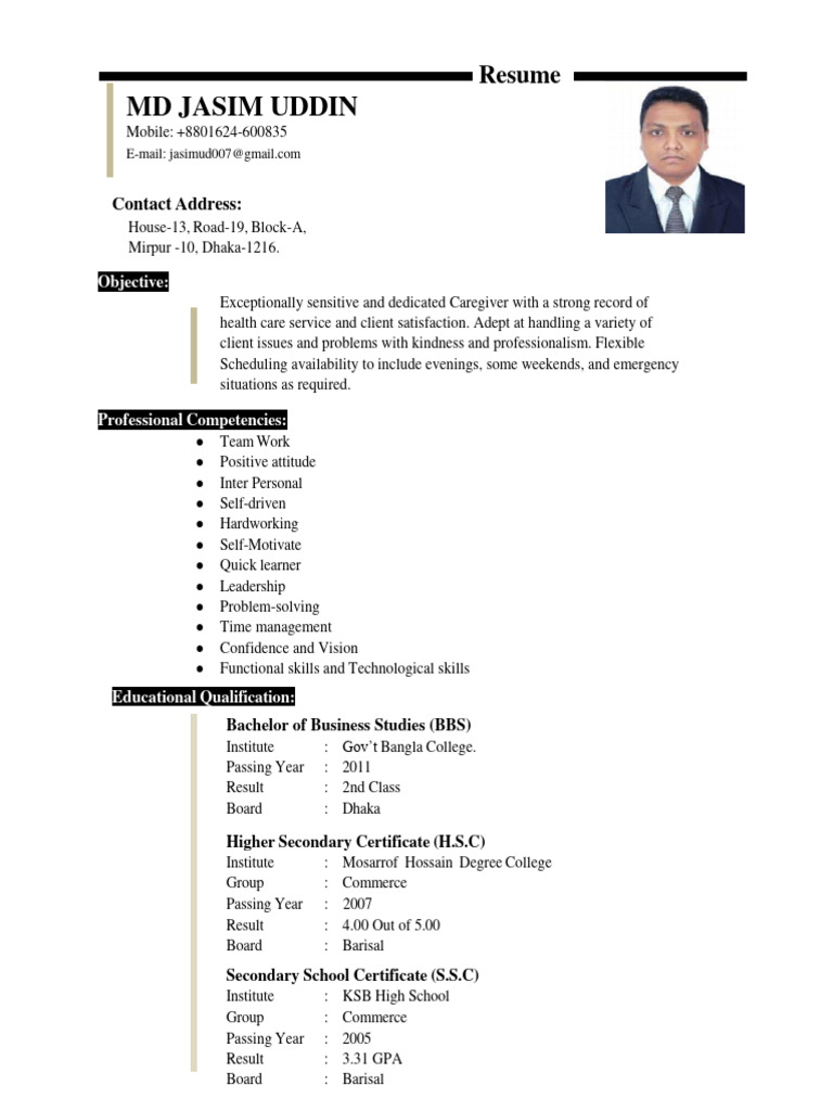 Caregiver Resume of MD JASIM UDDIN | PDF | Caregiver