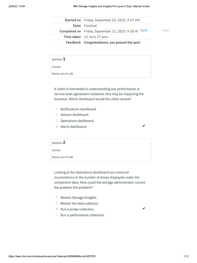 IBM Storage Insights and Insights Pro Level 2 Quiz Attempt Review PDF | PDF | Computer Network | Ibm