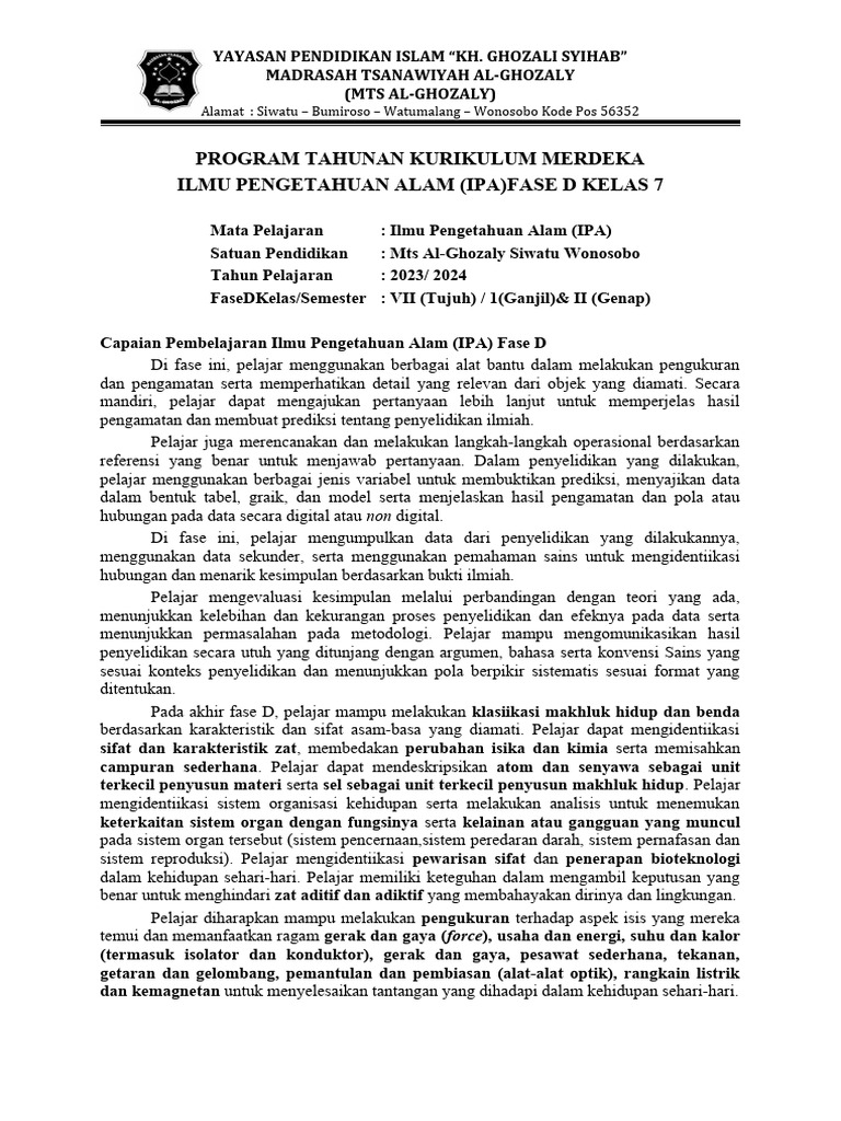 Prota Fase D Kelas 7 - IPA - Tyas | PDF