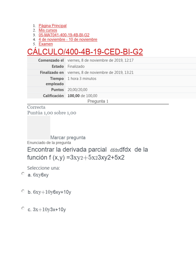 Examen Calculo 100 | PDF
