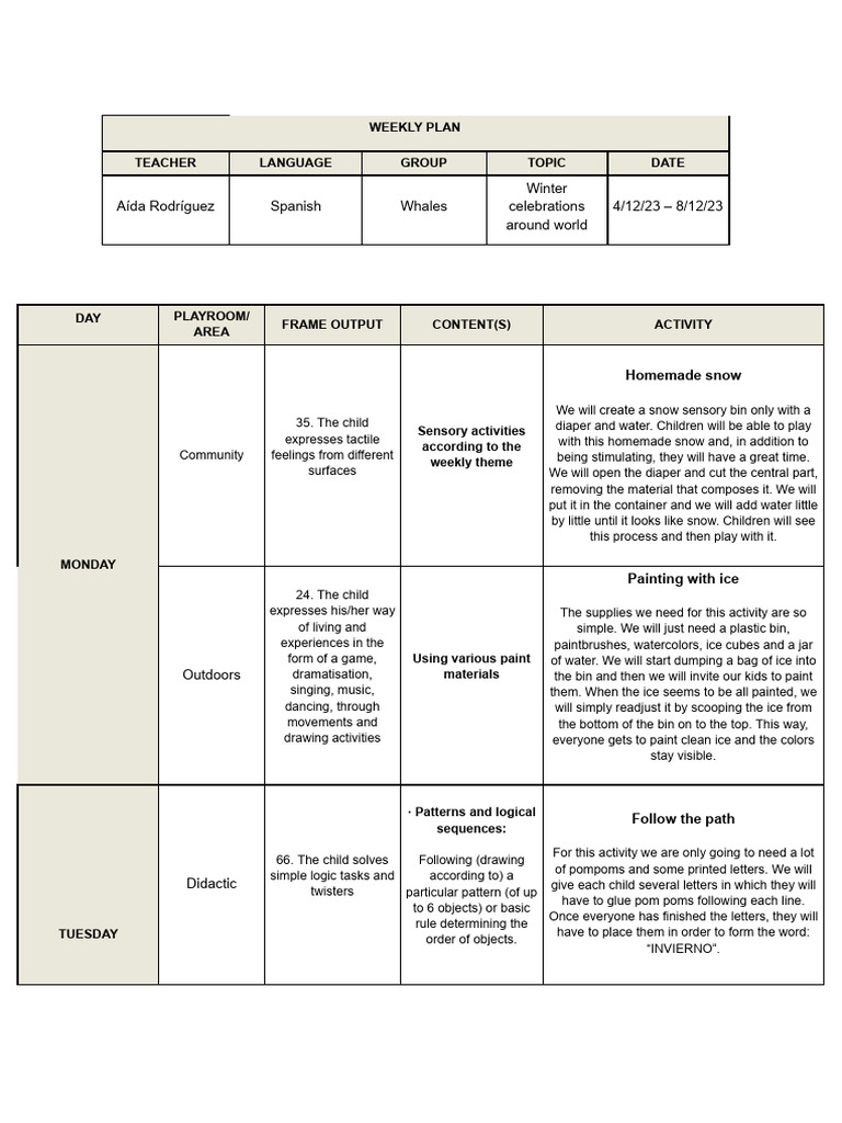 Winter Celebrations Weekly Plan Aída | PDF