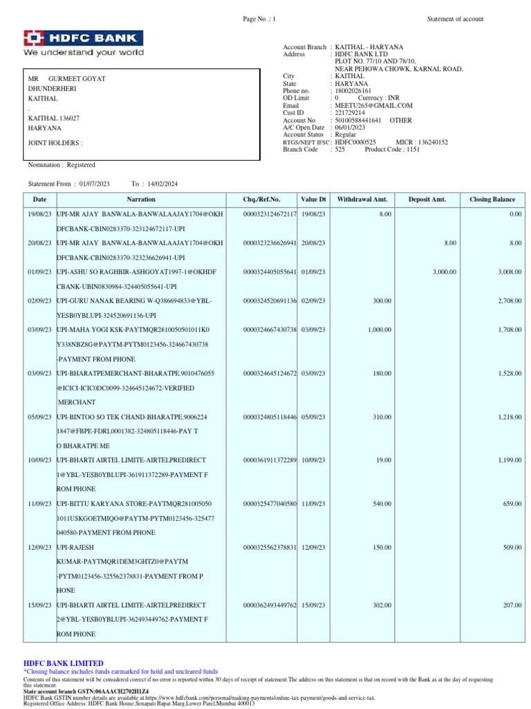 Gurmeet HDFC Statement | PDF | Debits And Credits | Money