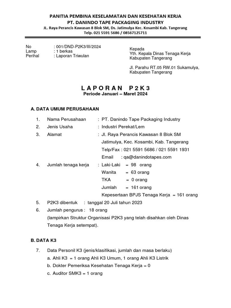 Laporan Triwulan P2K3 Periode Januari - Maret 2024 | PDF