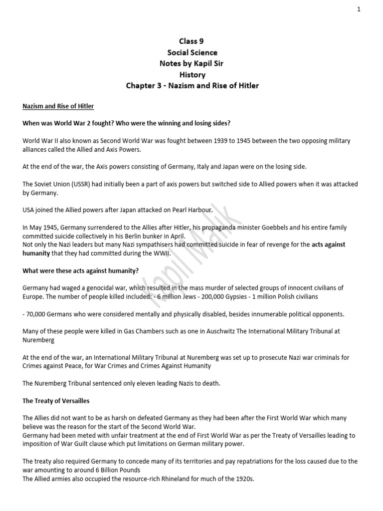 Nazism and Hitler's Rise: Class 9 Notes | PDF | Nazi Germany | Weimar ...