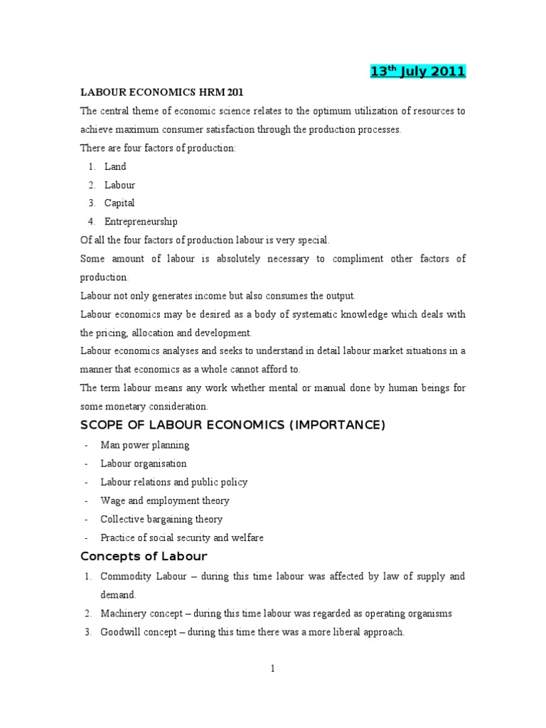 Labour Economics Notes HRM 201 | PDF | Employment | Labour Economics