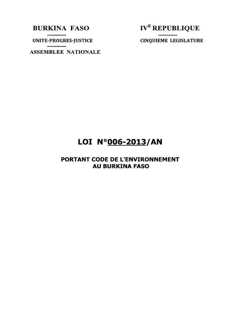 Loi n003-2013 An Portant Code de L Environnement Au Burkina Faso | PDF