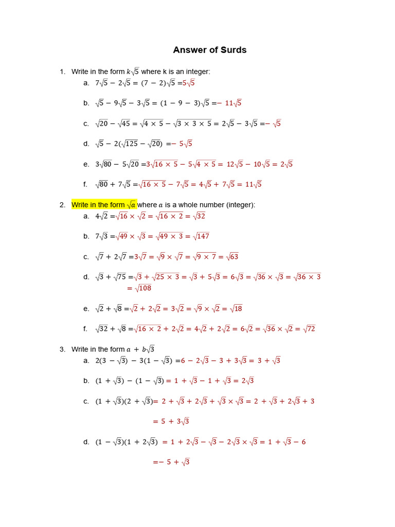 Answer of Surds | PDF | Arithmetic | Number Theory